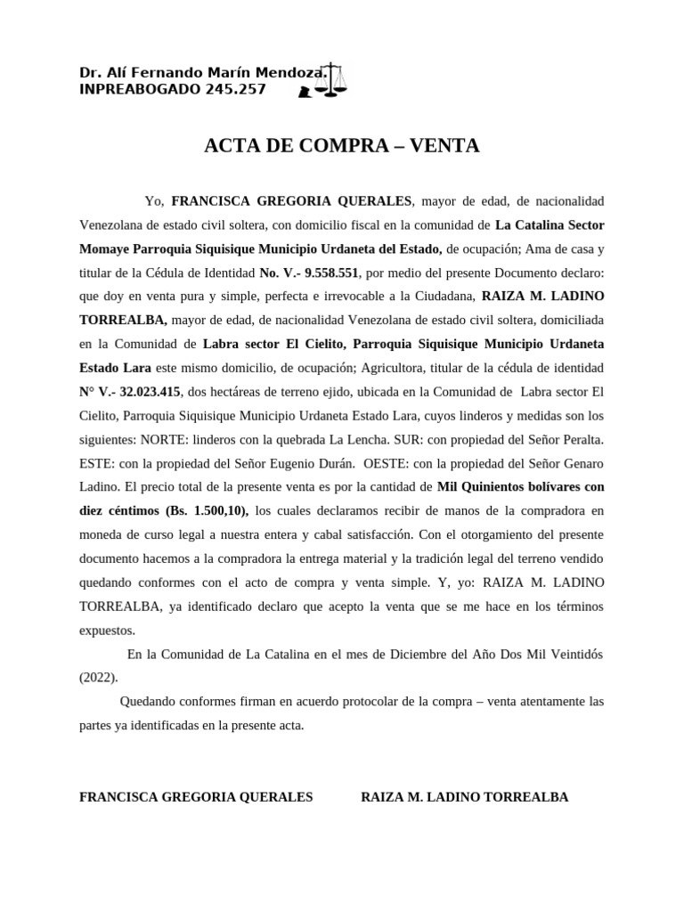 Acta de Compra-Venta de Terreno en Lara | PDF