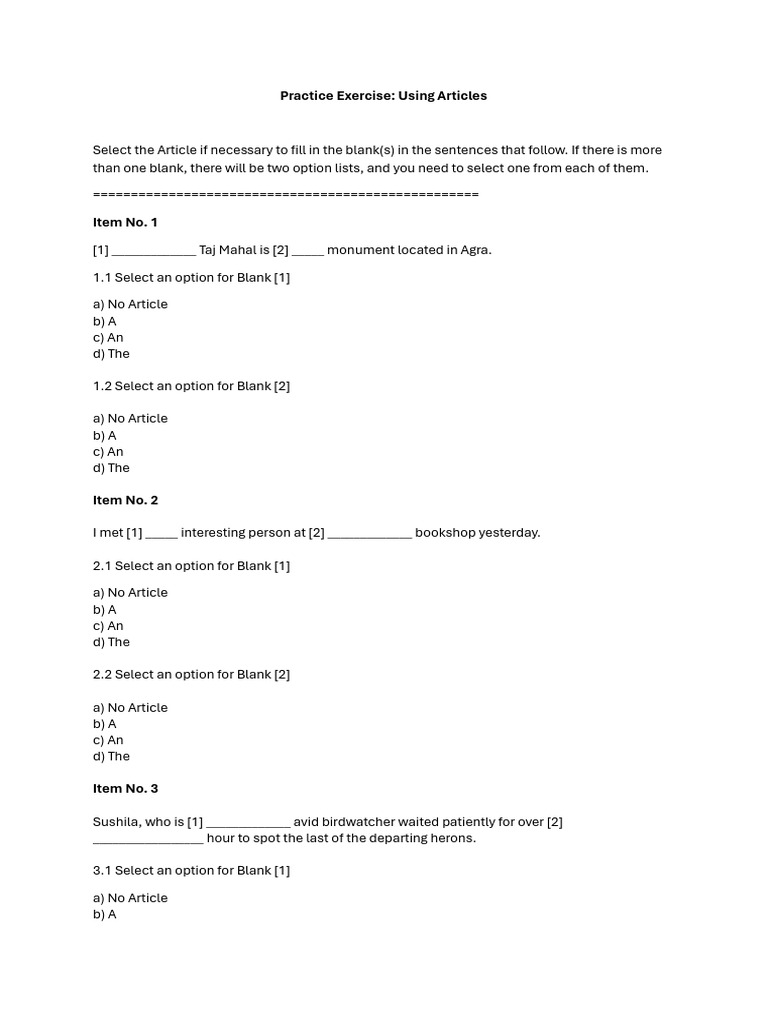 2.1.7 Article Usage Practice Exercise Part 2 NBD 01 | PDF