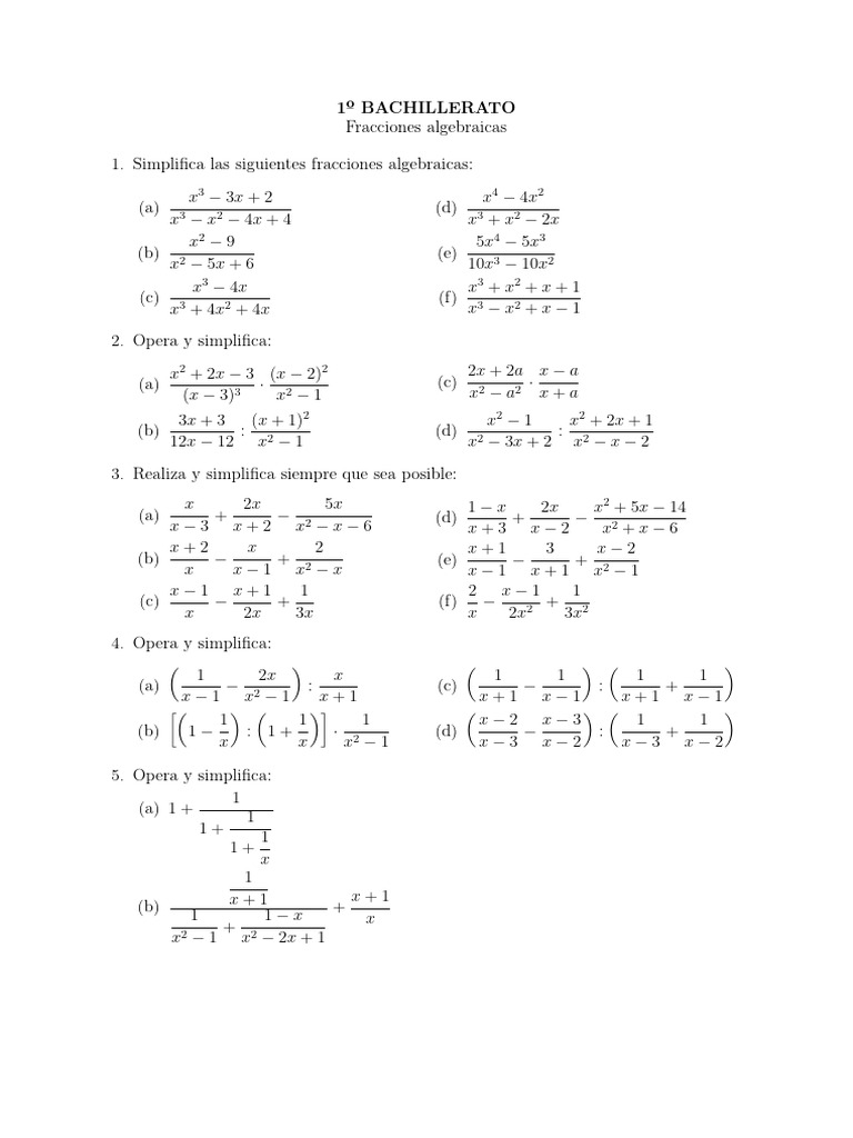 Ejercicios 1BACH Fracciones Algebraicas | PDF