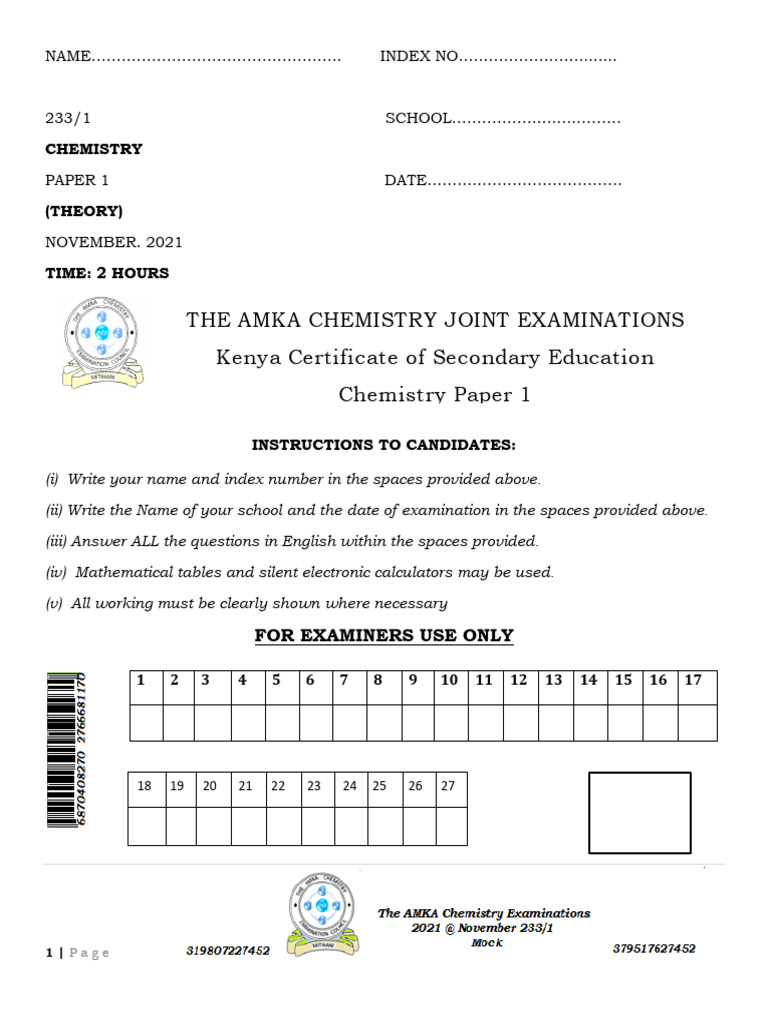 Amka Chemistry Pp1 2021 | PDF | Chloride | Sodium