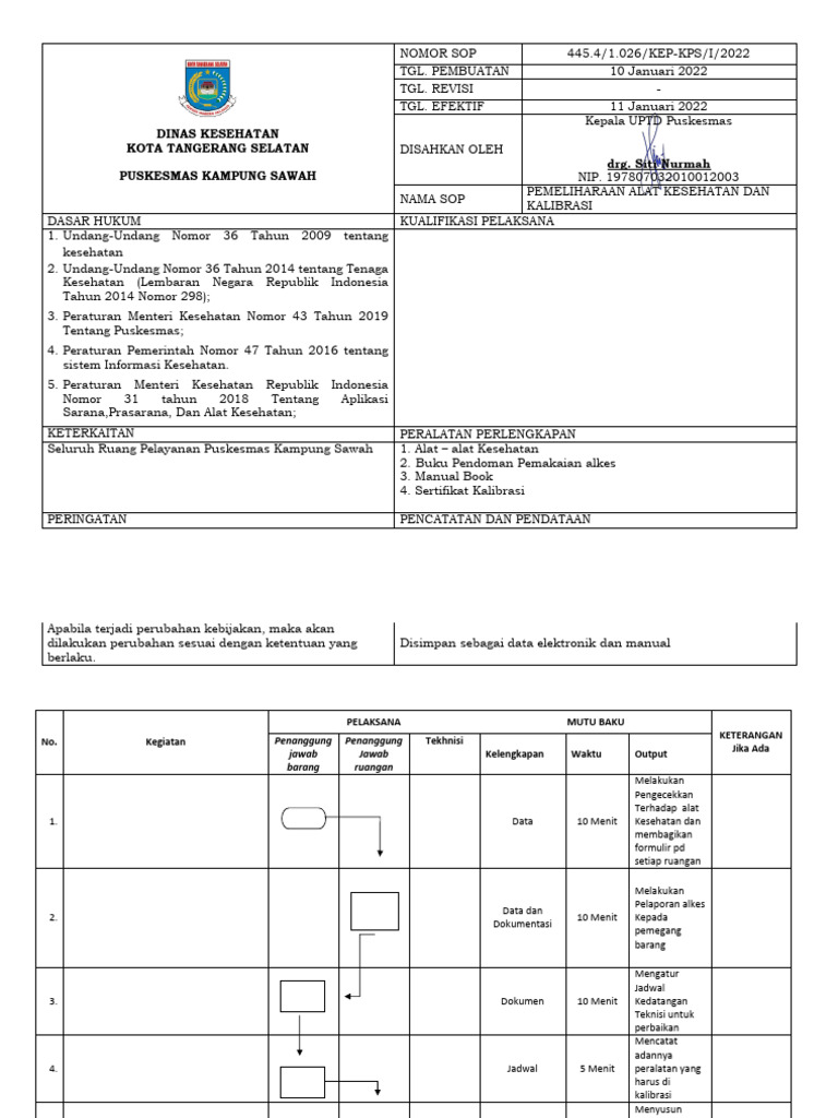 SOP PEMELIHARAAN ALAT KESEHATAN DAN KALIBRASI | PDF