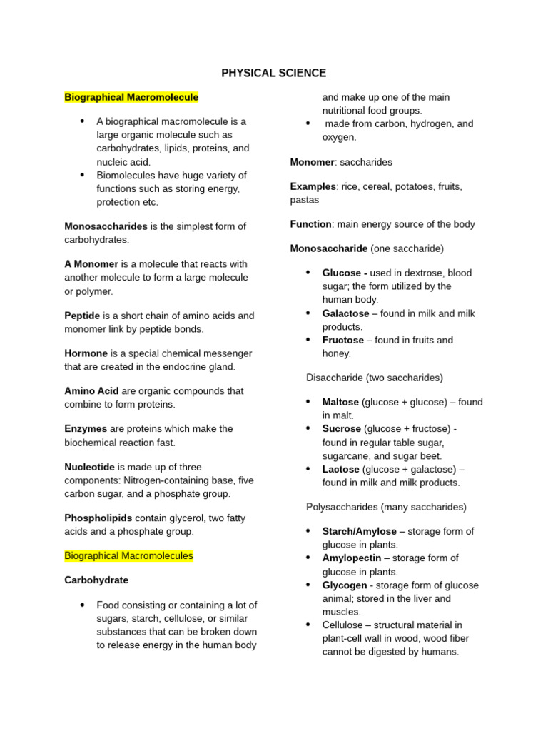 Physical Science Finals Notes | PDF | Carbohydrates | Fat