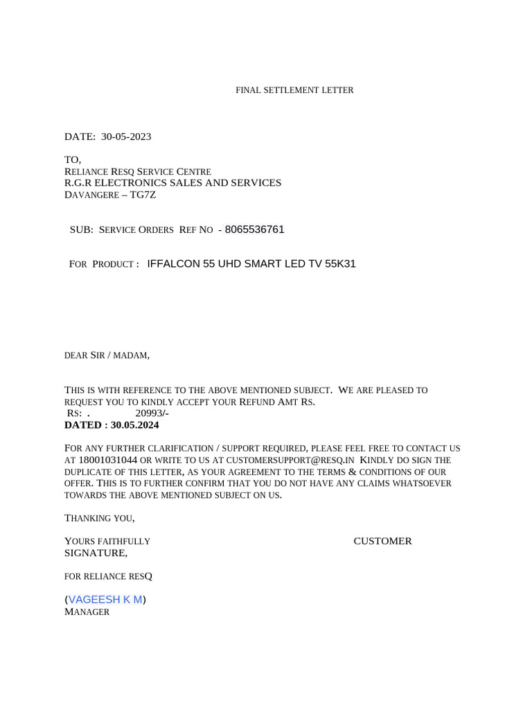 Final Settlement Letter | PDF