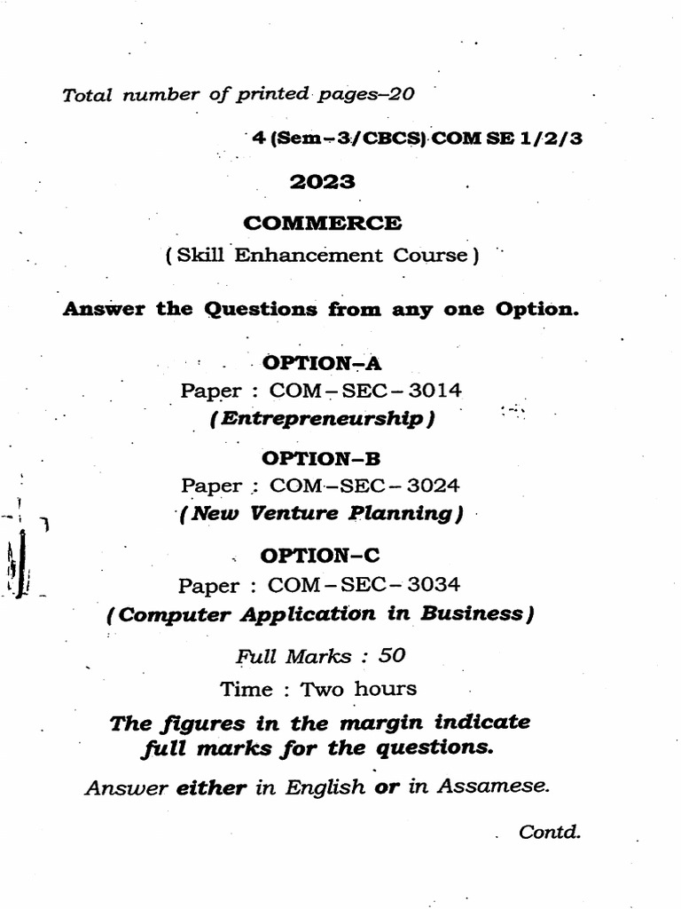 Commerce (Skill Enhancement Course) 3rd Semester 2023 | PDF