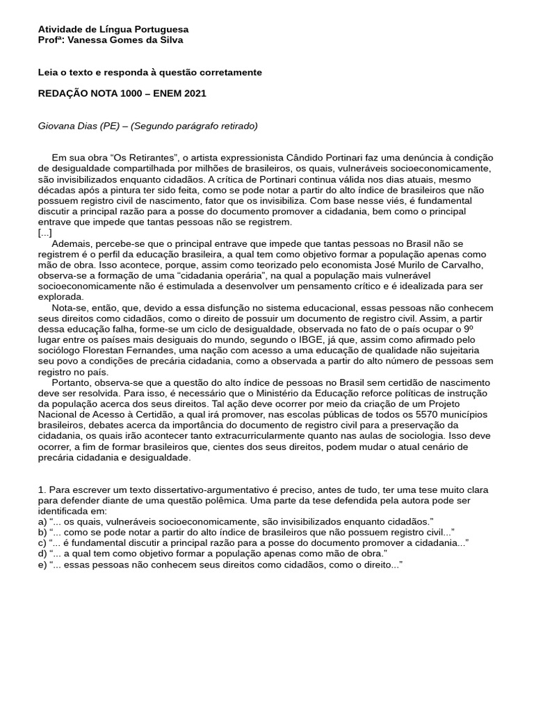 Atividade de Língua Portuguesa SIGEDUC | PDF | Brasileiros | Cidadania