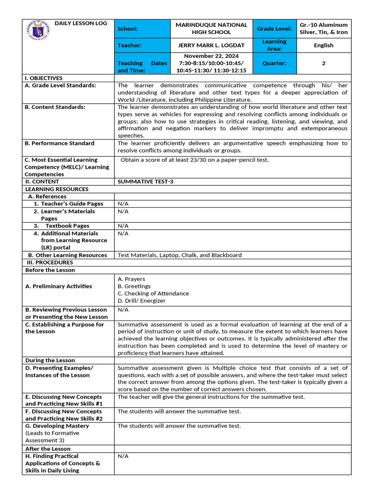 Grade 10 English Lesson Plan | PDF | Educational Assessment | Education ...