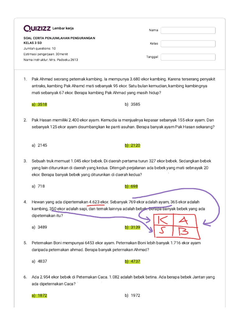 SOAL CERITA PENJUMLAHAN PENGURANGAN KELAS 3 SD _ Quizizz | PDF