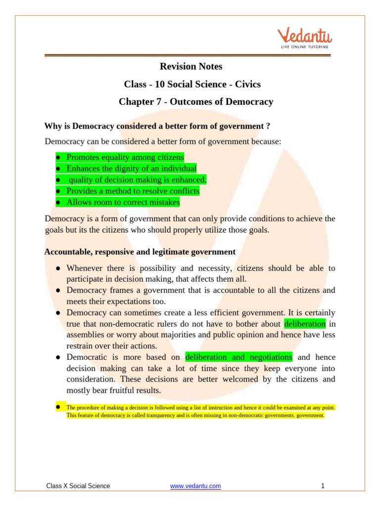 Cbse Class 10 Social Science Political Science Chapter 7 Notes | PDF ...