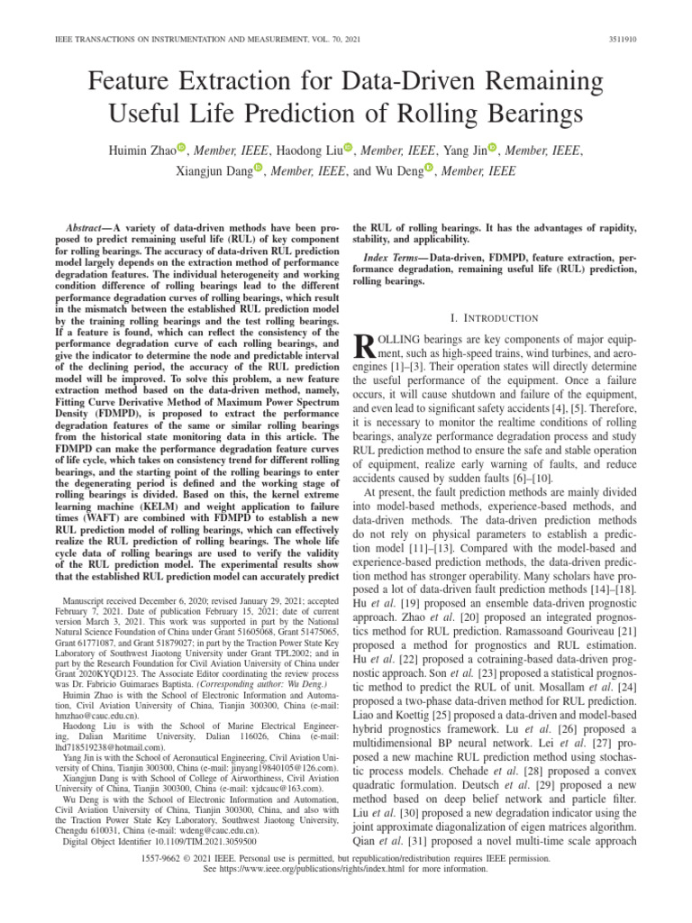 Feature Extraction For Data-Driven Remaining Useful Life Prediction of Rolling Bearings | PDF ...