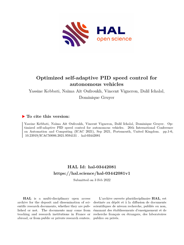 ICAC2021 YK NAO VV DI DG Optimized Selfadaptive PID Speed Control For Autonomous Vehicles | PDF ...