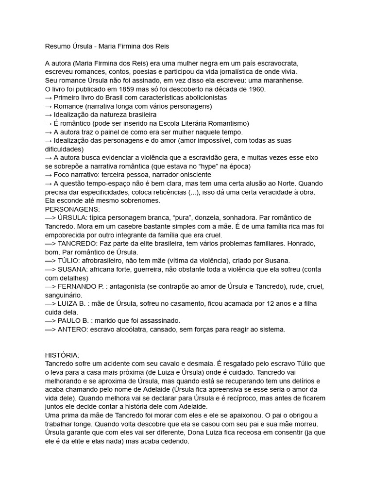 Resumo Úrsula - Maria Firmina Dos Reis | PDF | Amor | Romantismo