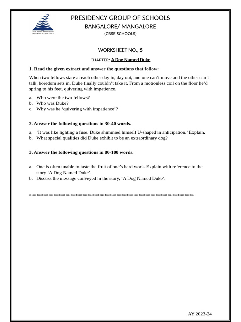 CBSE Worksheet: A Dog Named Duke | PDF