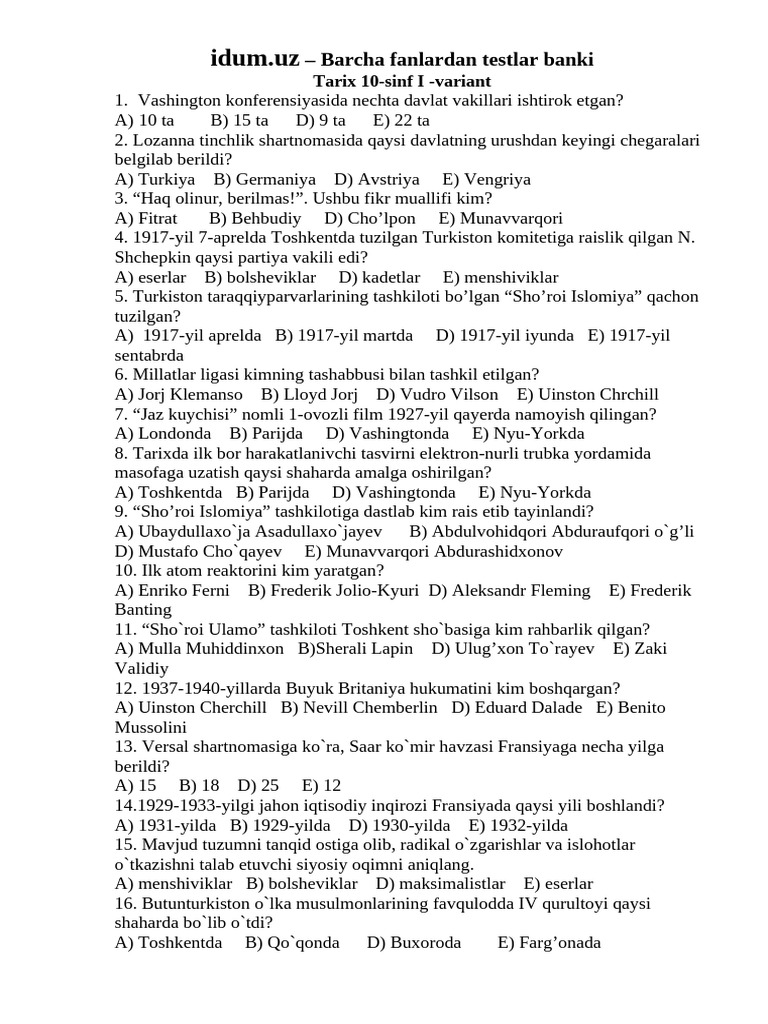 Idum - Uz - 10-Sinf Tarix FO 1-V | PDF