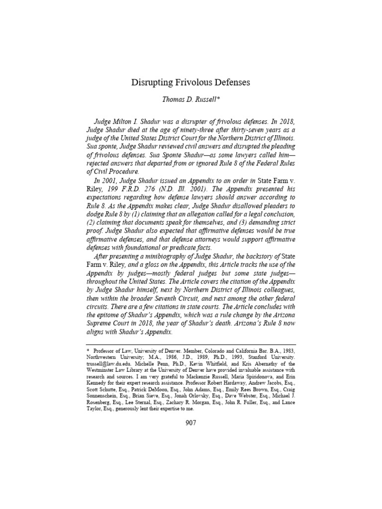 Disrupting Frivolous Defenses | PDF | Pleading | Lawsuit