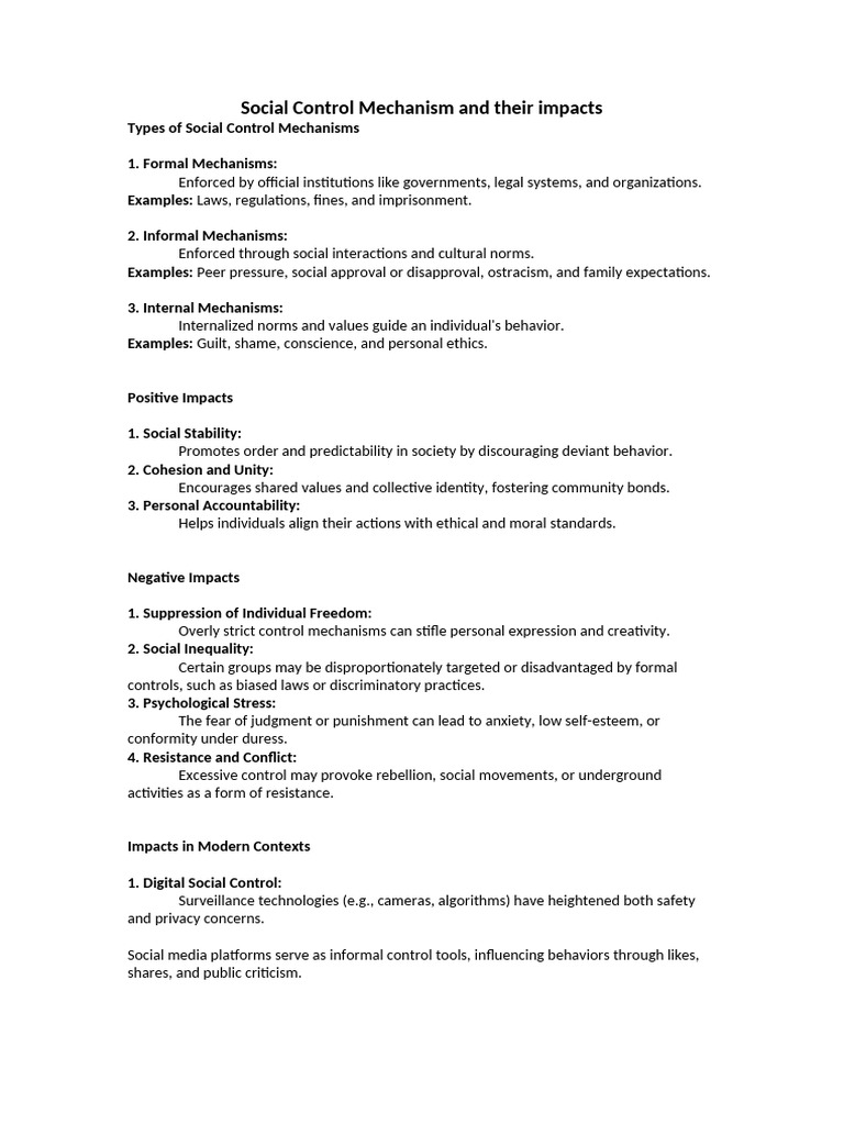 Social Control Mechanism and their impacts | PDF | Deviance (Sociology ...