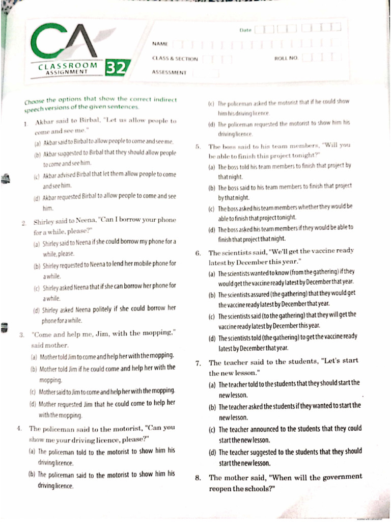 9th MCQs Reported Speech | PDF