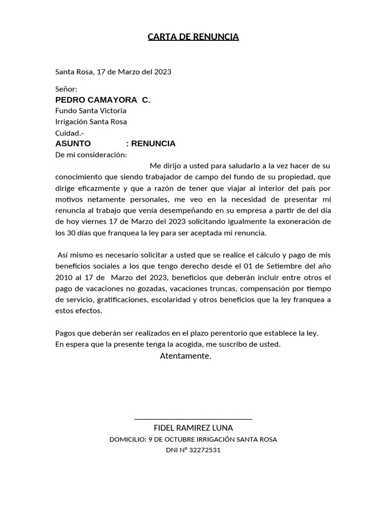 CARTA DE RENUNCIA Fidel | PDF