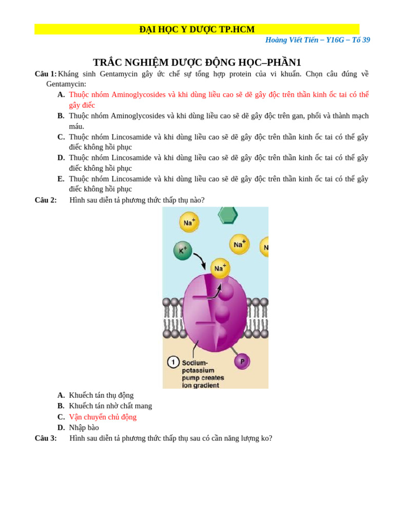 Trac Nghiem Duoc Dong Hoc Phan 1 | PDF