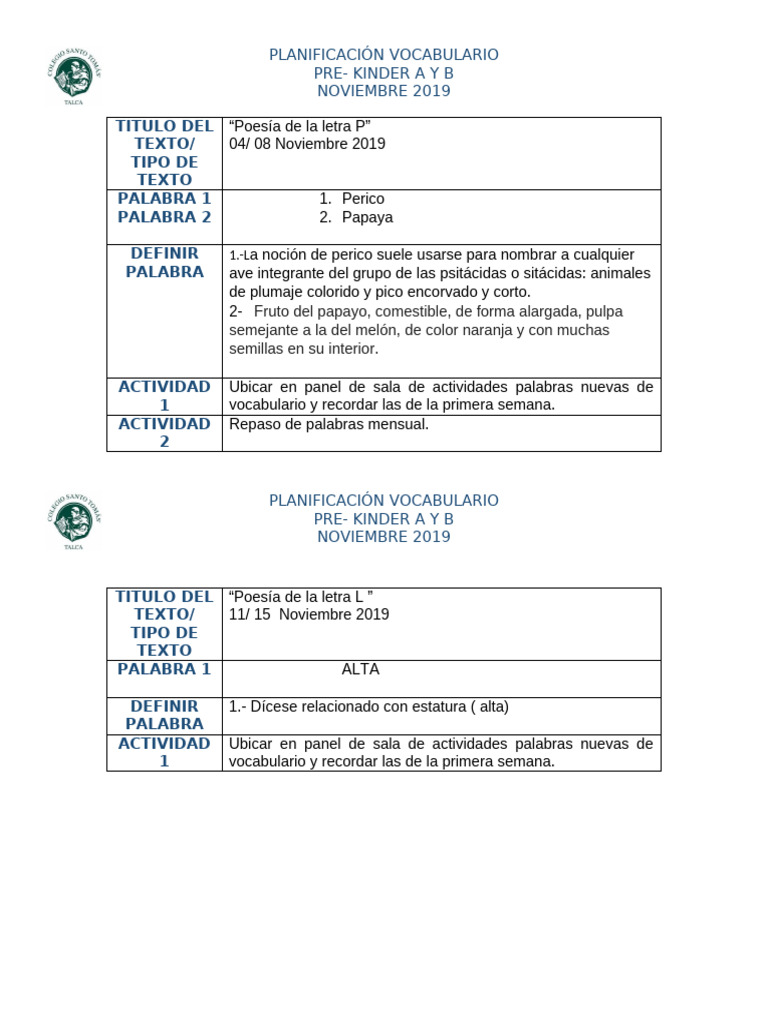 Noviembre Vocabulario | PDF