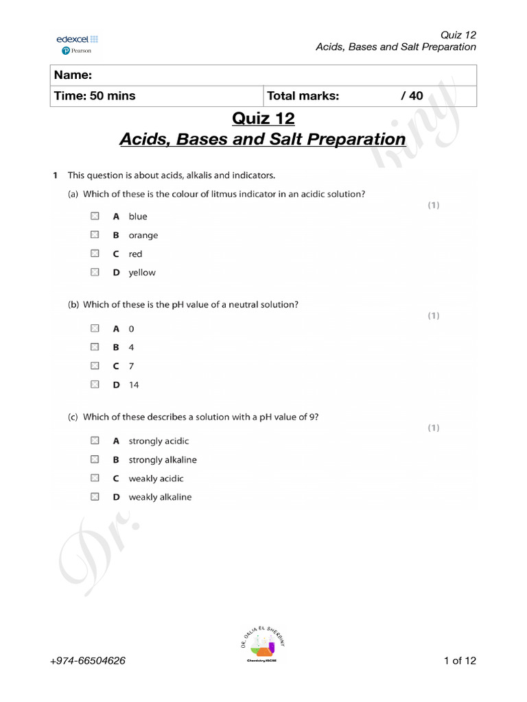Acids, Bases, and Salt Quiz 12 | PDF | Chemical Compounds | Solid State ...