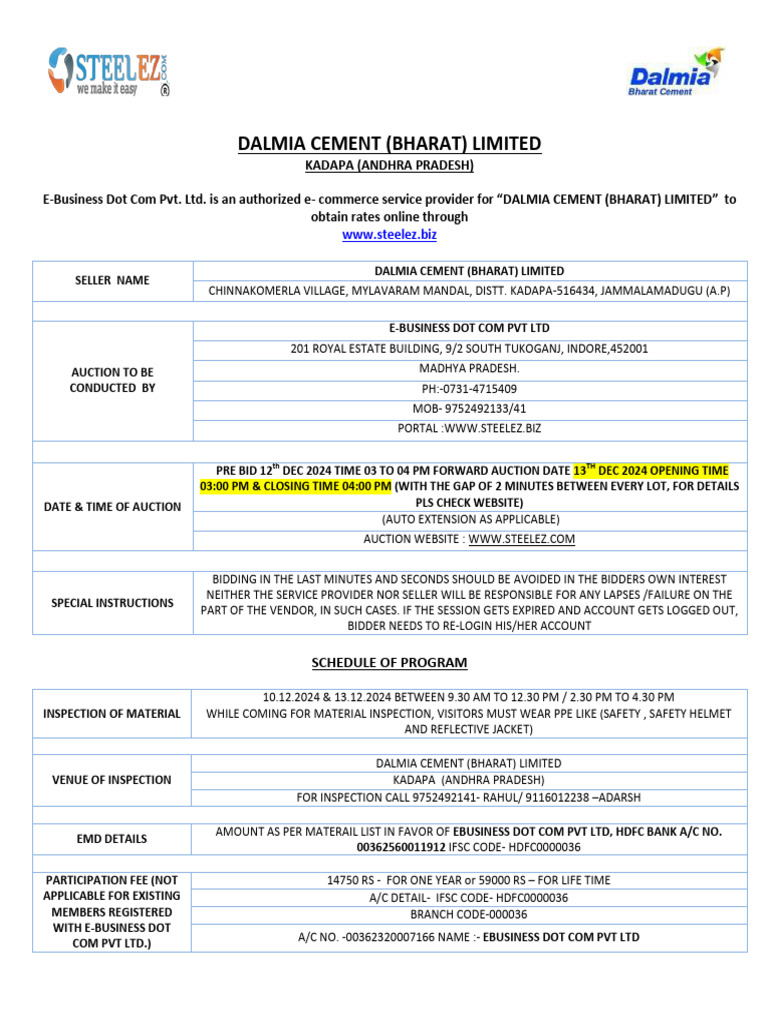 Dalmia Cement Bharat LTD 13TH Dec 24 | PDF | Auction