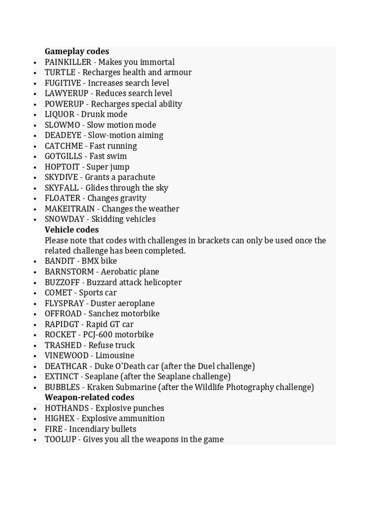 GTA 5 Gameplay Codes | PDF