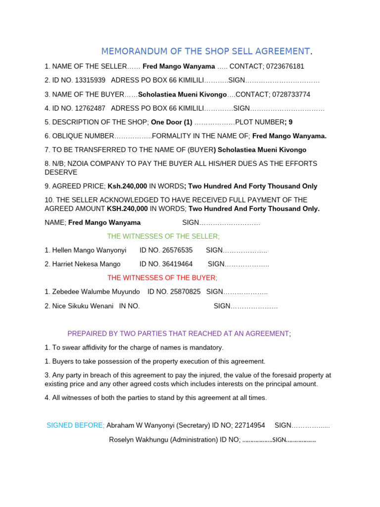 MEMORANDUM OF THE SHOP SELL AGREEMENT | PDF