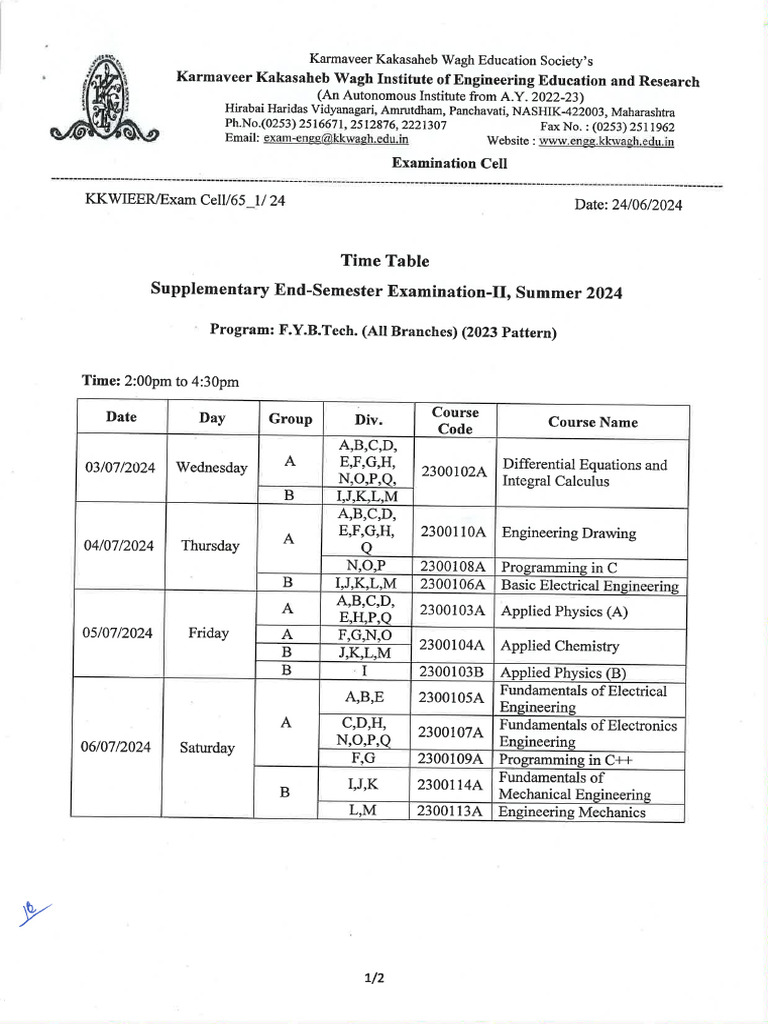 65 - 1 F.Y.B.Tech. ESE-II Time Table - 2023-24 | PDF