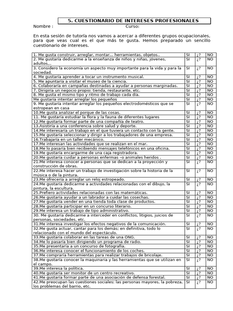 Cuestionario de Intereses Vocacionales | PDF