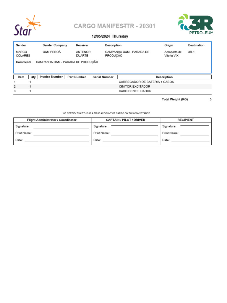 E - CARGO MANIFEST - TR 20301 | PDF