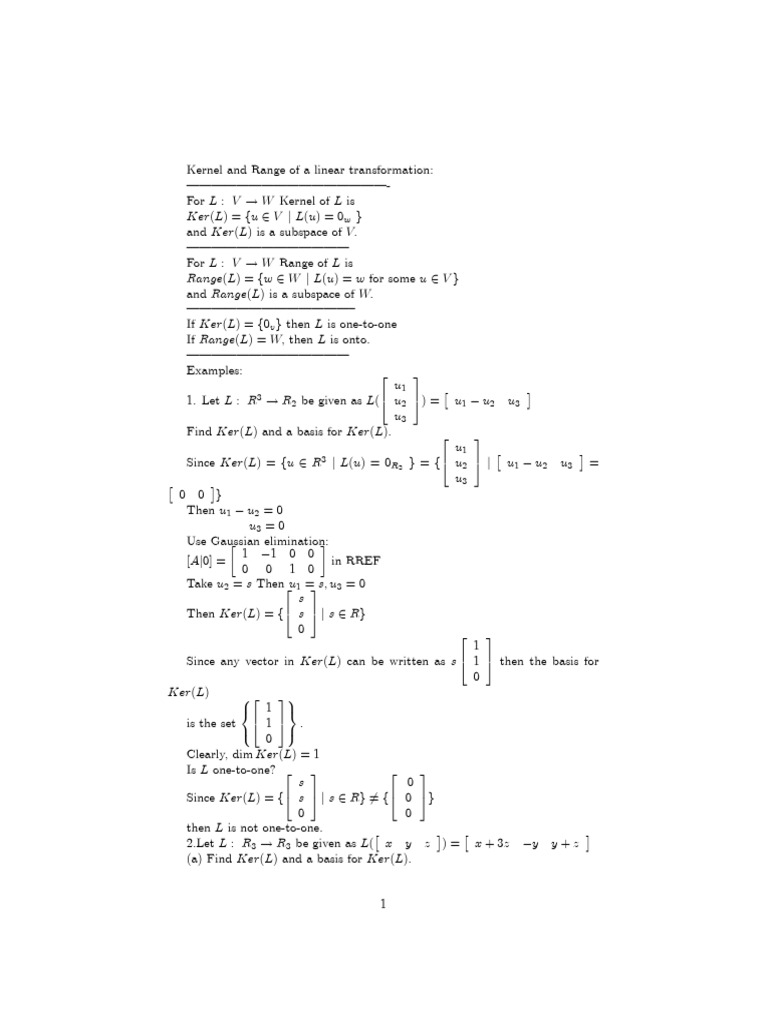 Kernel and Range of a linear transformation examples | PDF ...