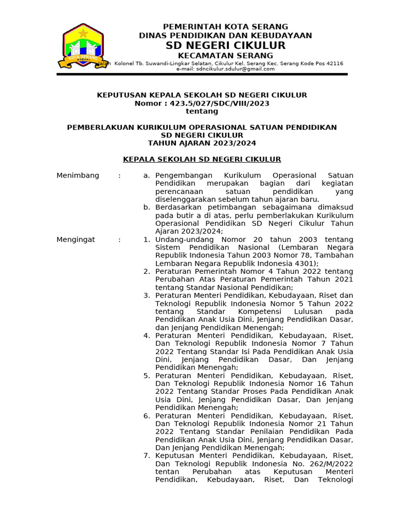 4 - SK Kepala Sekolah Pemberlakuan Kurikulum | PDF