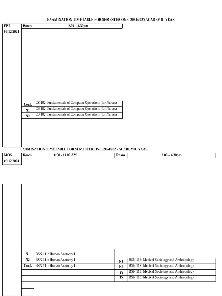 2024/2025 Semester One Exam Timetable | PDF