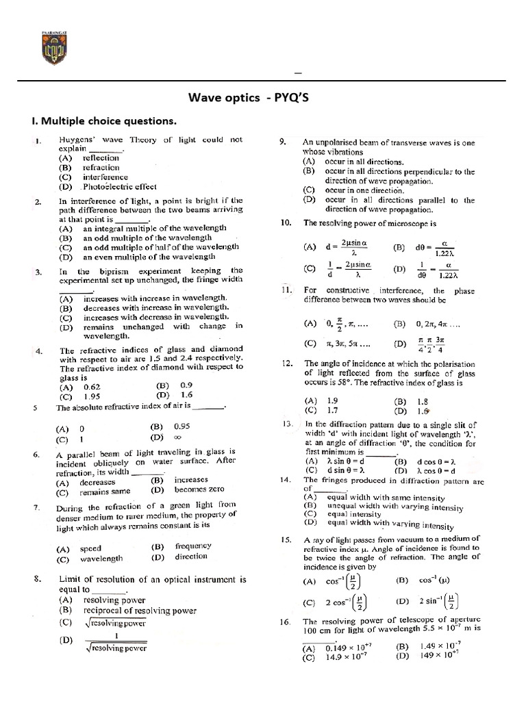 12th State Board Pyq's - Wave Optics | PDF