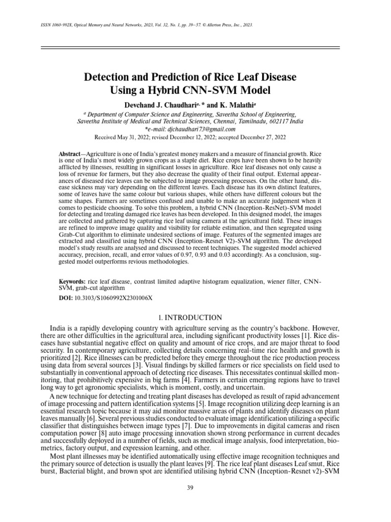 Hybrid CNN-SVM Model for Rice Disease Detection | PDF | Receiver ...