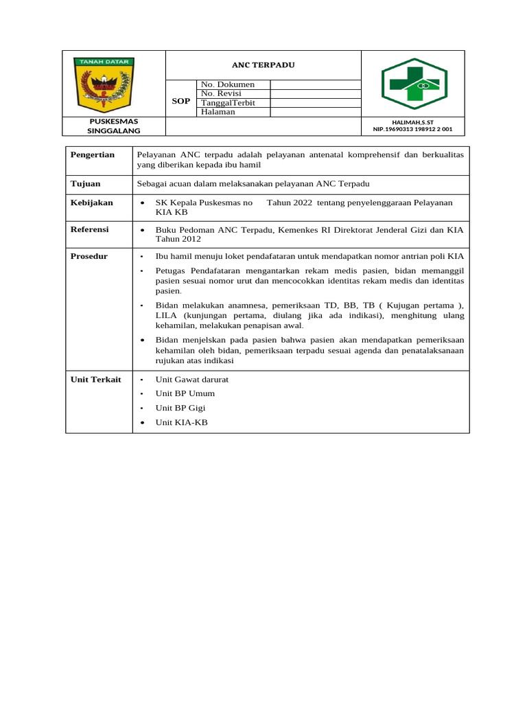 Sop Pelayanan Anc Terpadu | PDF