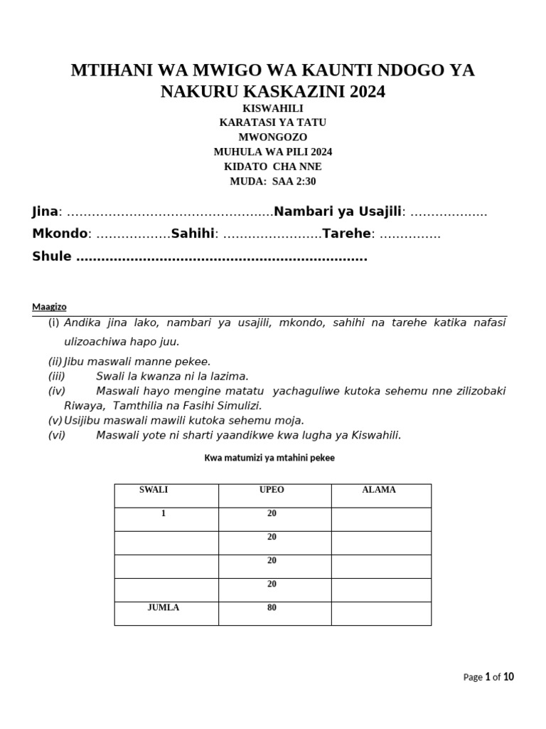 Kiswahili PP3 MS | PDF