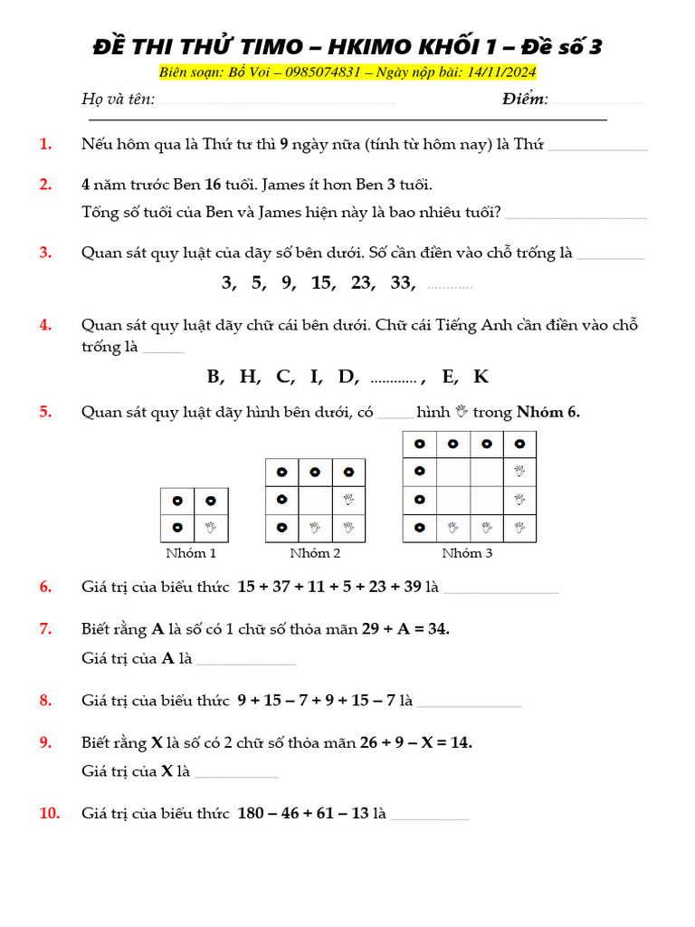 03 - ĐỀ THI THỬ TIMO - HKIMO KHỐI 1 - Đề số 3 | PDF