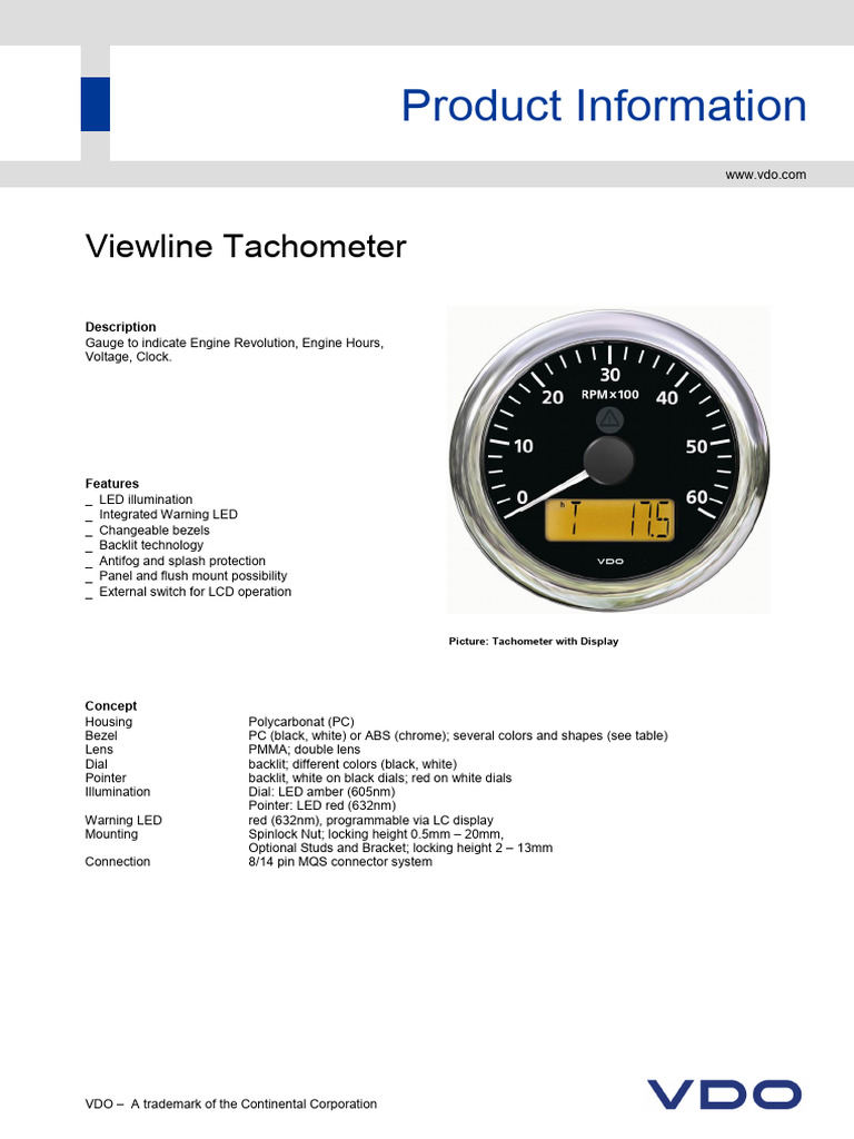 2011 Vdo Product Information en Viewline 85mm Tachometer Display | PDF ...