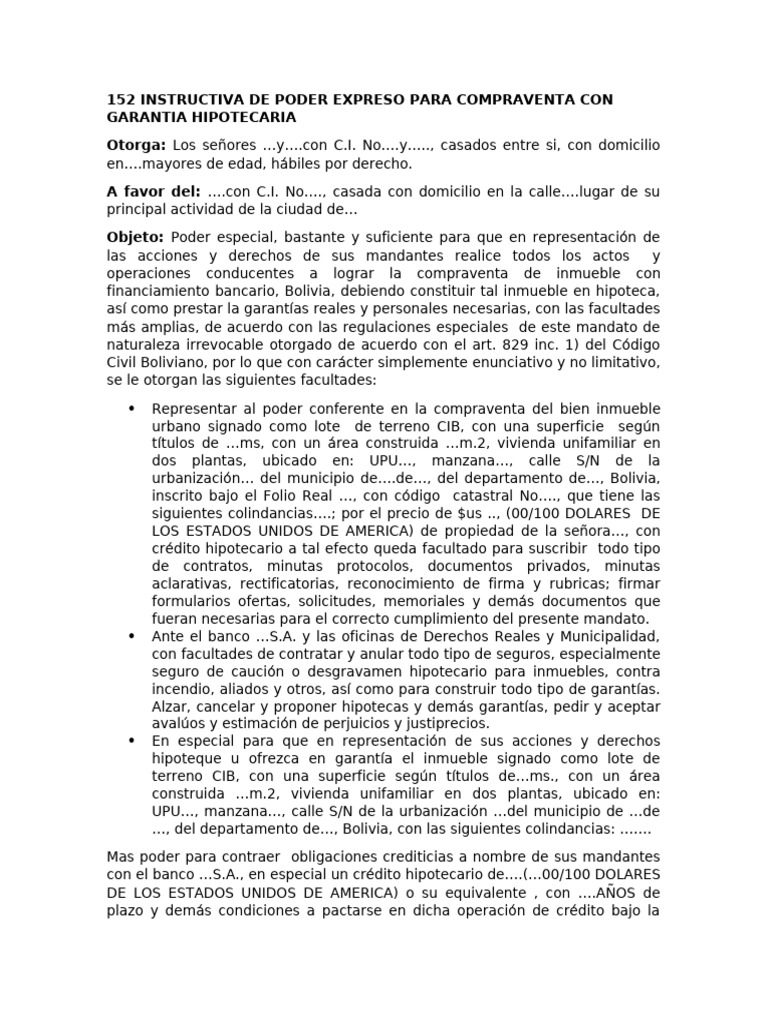 152 Instructiva de Poder Expreso para Compraventa Con Garantia Hipotecaria | PDF | Hipotecas ...