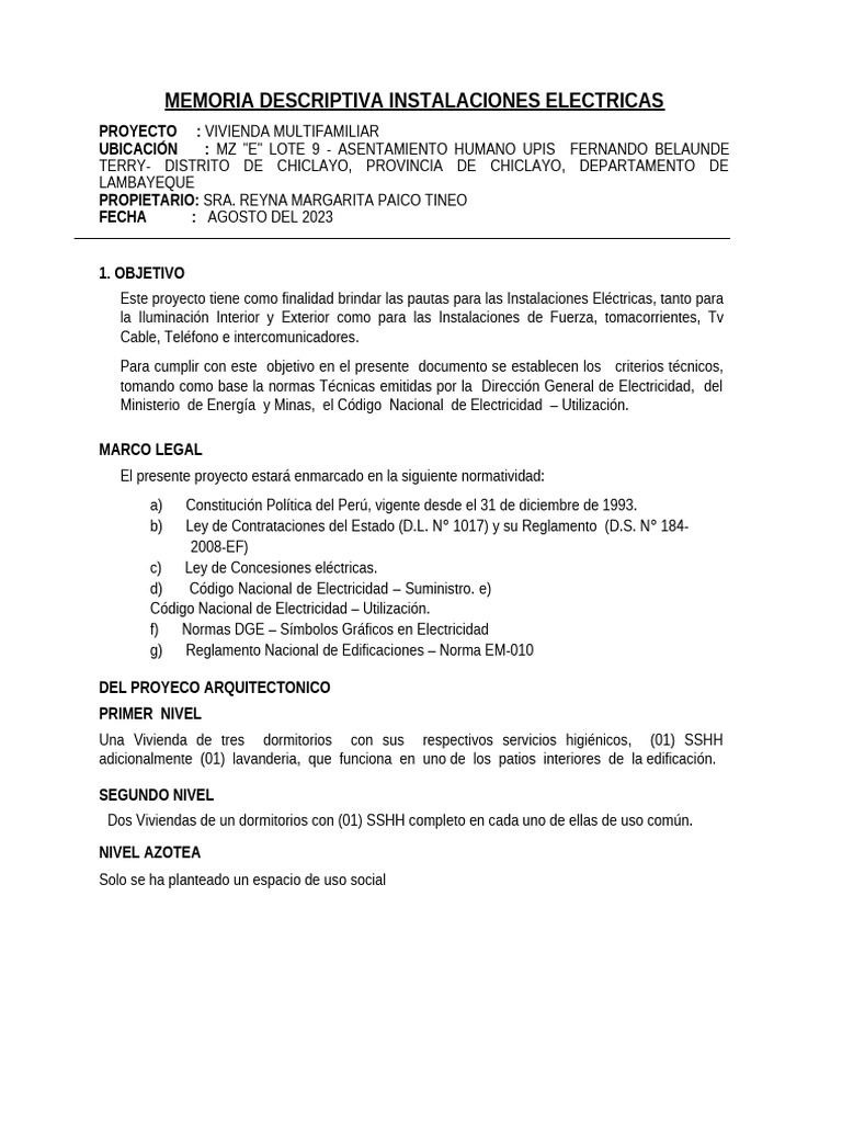 Memoria Descriptiva Instalaciones Electricas | PDF | Resistencia Eléctrica y Conductancia | Red ...