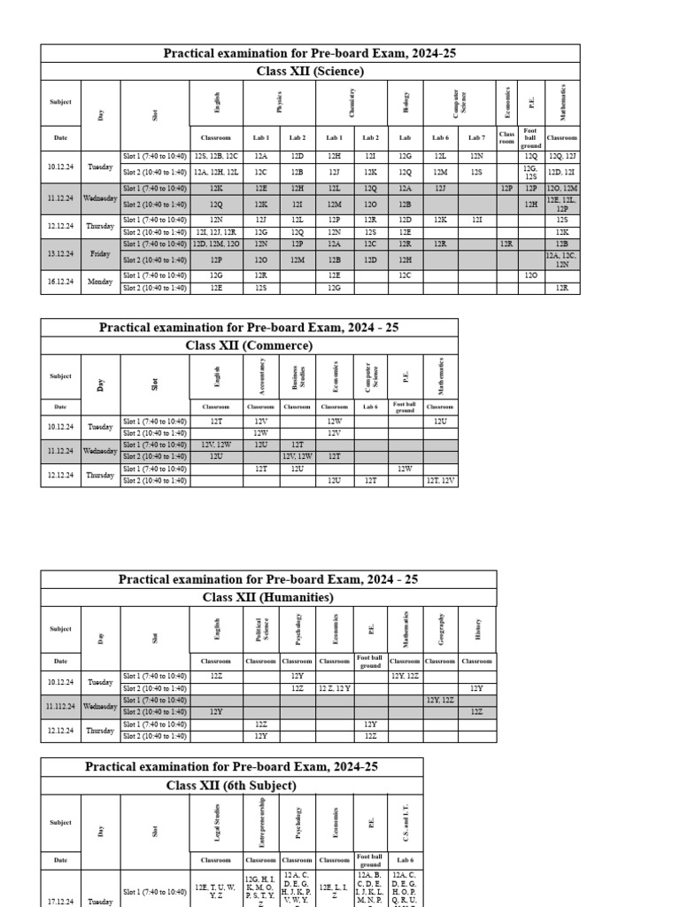 Class XII Pre-board Exam Schedule 2024 | PDF | Science