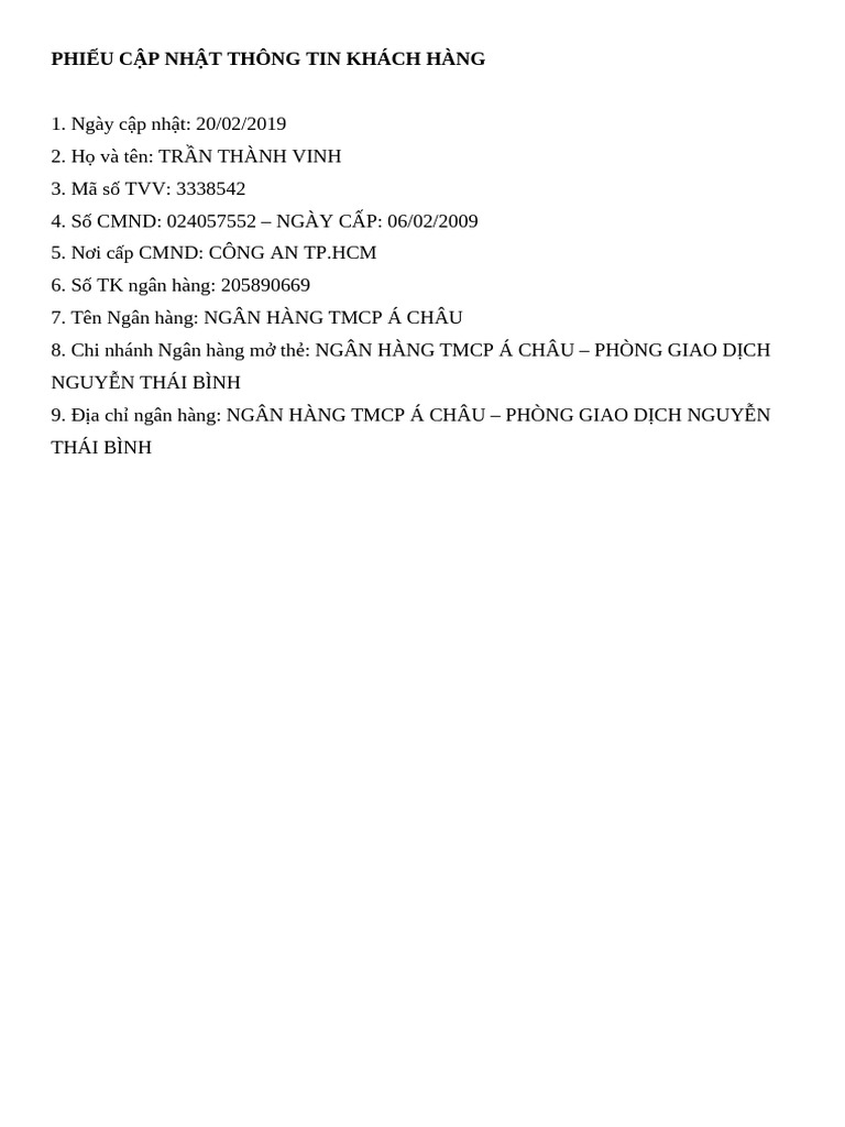Phieu Cap Nhat Thong Tin Khach Hang - Tran Thanh Vinh | PDF