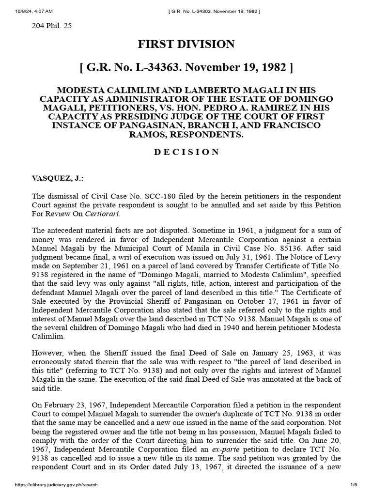 G.R. L-34363- Calimlim v. Ramirez (Jurisdiction) | PDF | Lawsuit ...