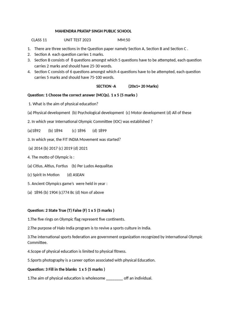 Unit Test Class 11 SGS | PDF | Olympic Games