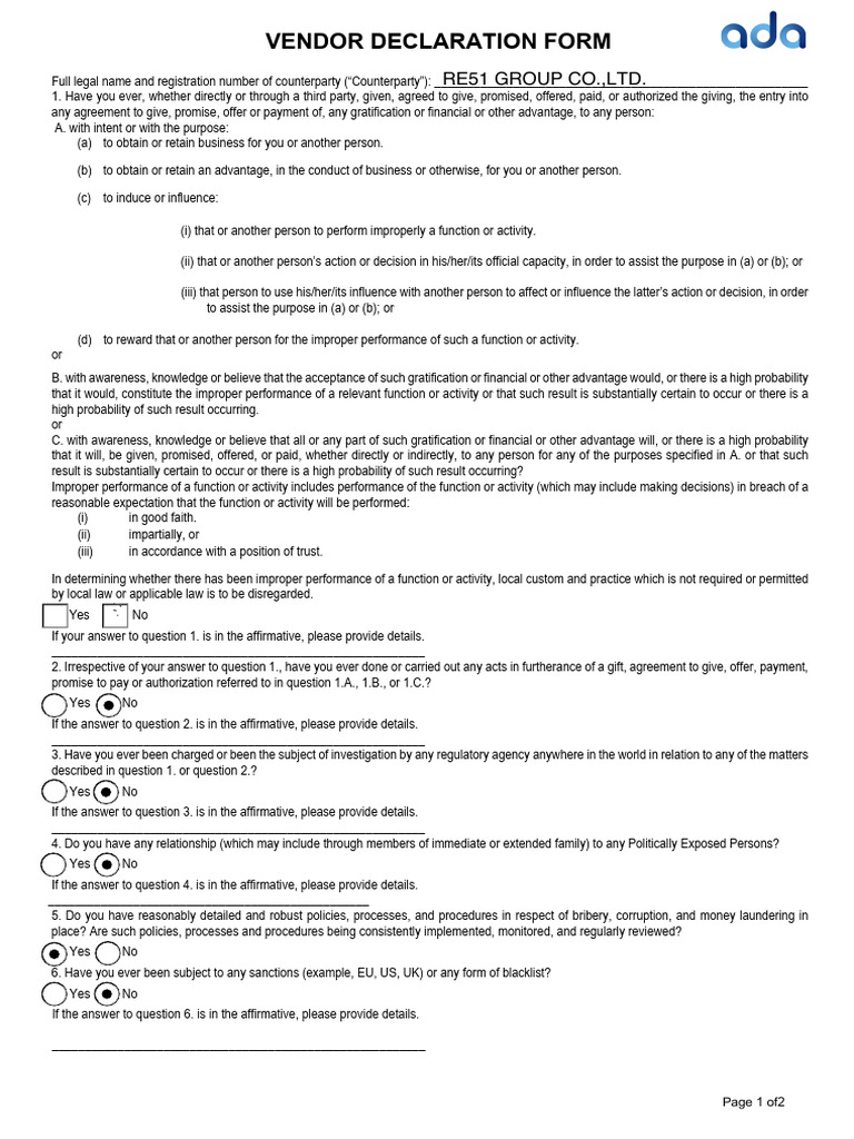 ADA Vendor Declaration Form (VDF) | PDF | Money | Private Law