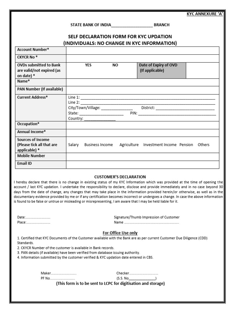 Annex A Self Declaration Form For Kyc Updation | PDF
