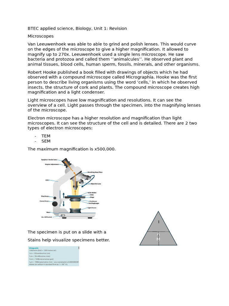 BTEC Biology Unit 1: Microscopes Overview | PDF