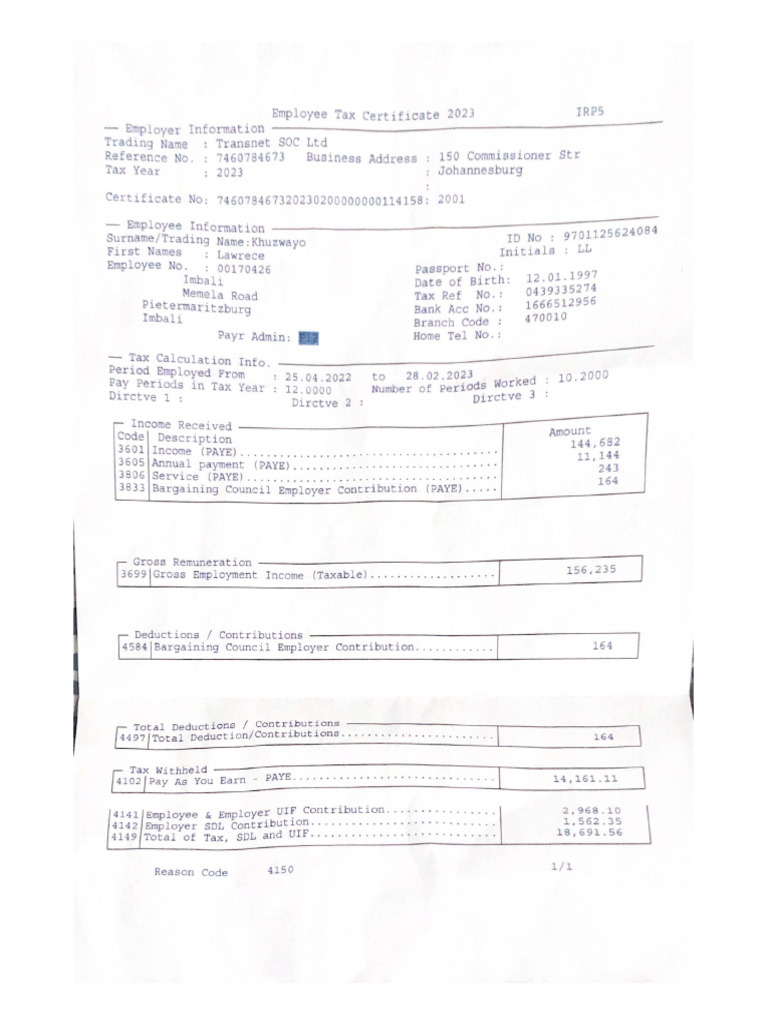 Employee Tax Certificate 2023 | PDF
