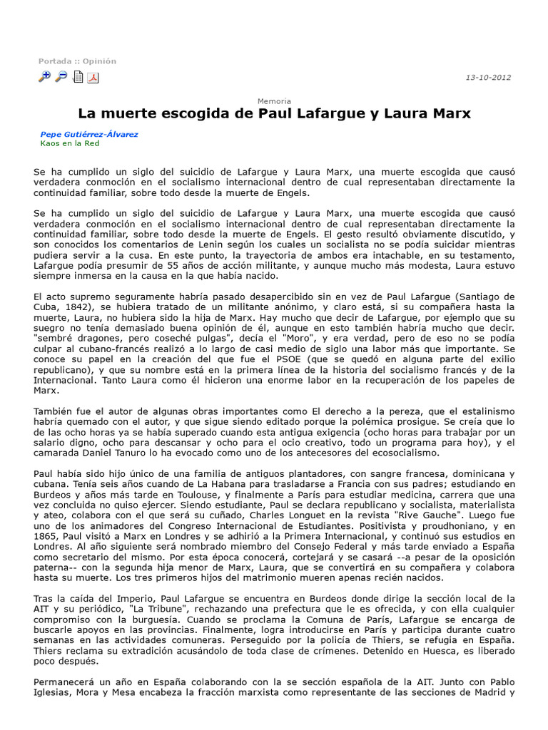 Suicidio de Lafargue y Laura Marx | PDF | marxismo | Friedrich Engels